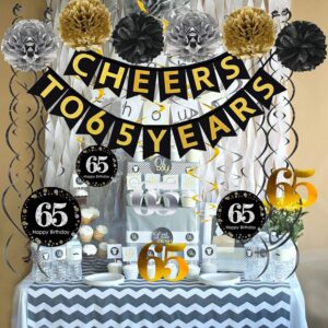 Famoby 65th Birthday Party Decorations Set- Gold Glittery Cheers to 65 Years Banner,Poms,12Pcs Sparkling 65 Hanging Swirls for 65th Birthday Decorations 65 Years Old Party Supplies