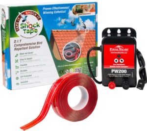 shock tape kit for pigeon & bird control - bird trainer solution for keeping birds away from rooftops, patios, windowsills fences - durable shock tape & electronic charger kit- spikes alternative.