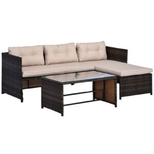 outsunny 3 piece patio furniture set, rattan outdoor sofa set with chaise lounge & loveseat, soft cushions, tempered glass table, l-shaped sectional couch, beige