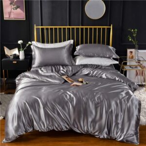 grey gray luxury silk bedding set. include silk duvet cover, silk pillow sham and silk fitted sheet. satin silk, silk blend fabric. no comforter or duvet insert included. full/queen size.