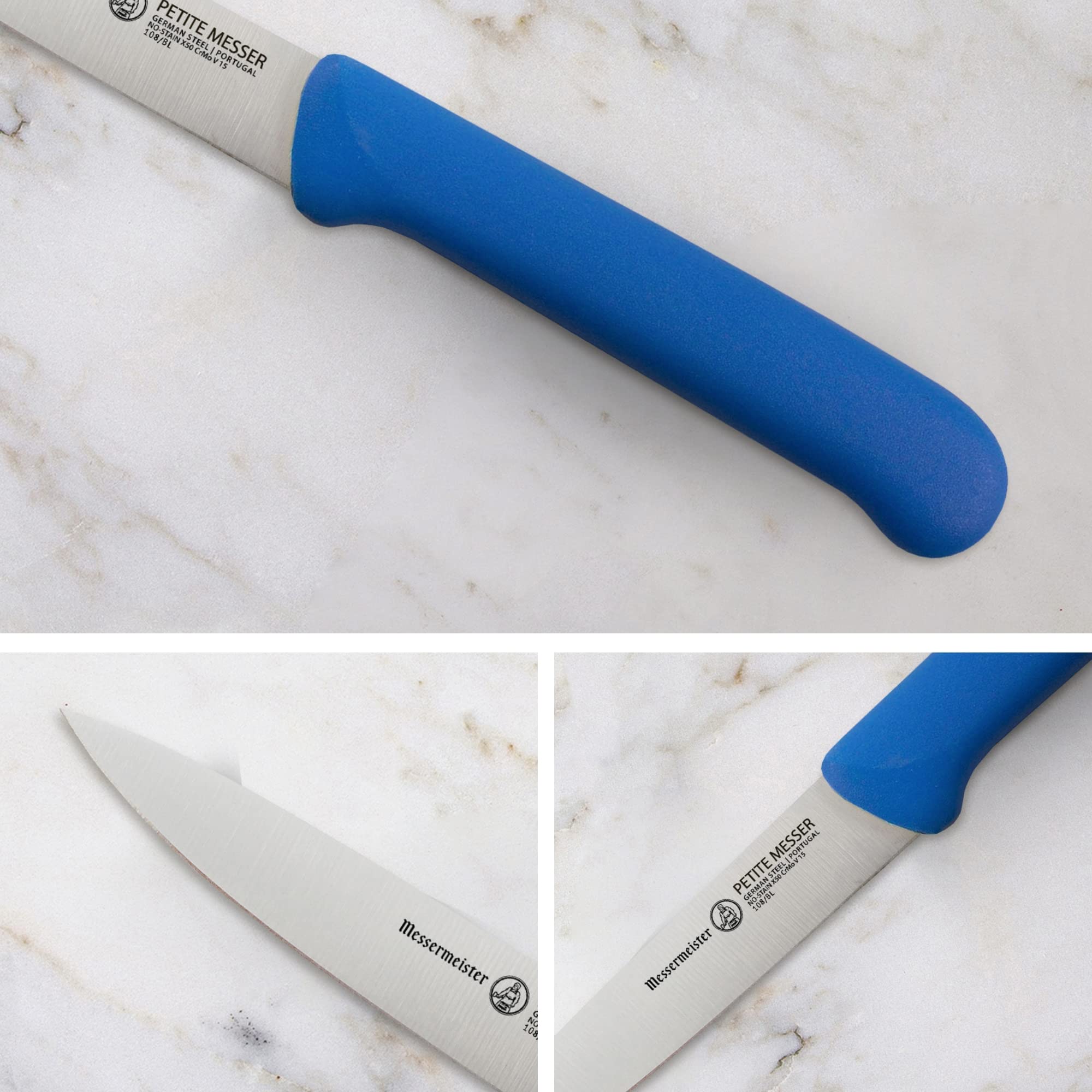 Messermeister Petite Messer 4” Spear Point Parer with Matching Sheath, Blue - German 1.4116 Stainless Steel & Ergonomic Handle - Lightweight, Rust Resistant & Easy to Maintain