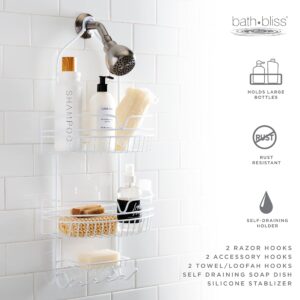 Bath Bliss Head Shower Caddy, 2 Large Baskets, Soap Dish Holder, 6 Accessory Hooks, Moisture & Rust Resistant, White