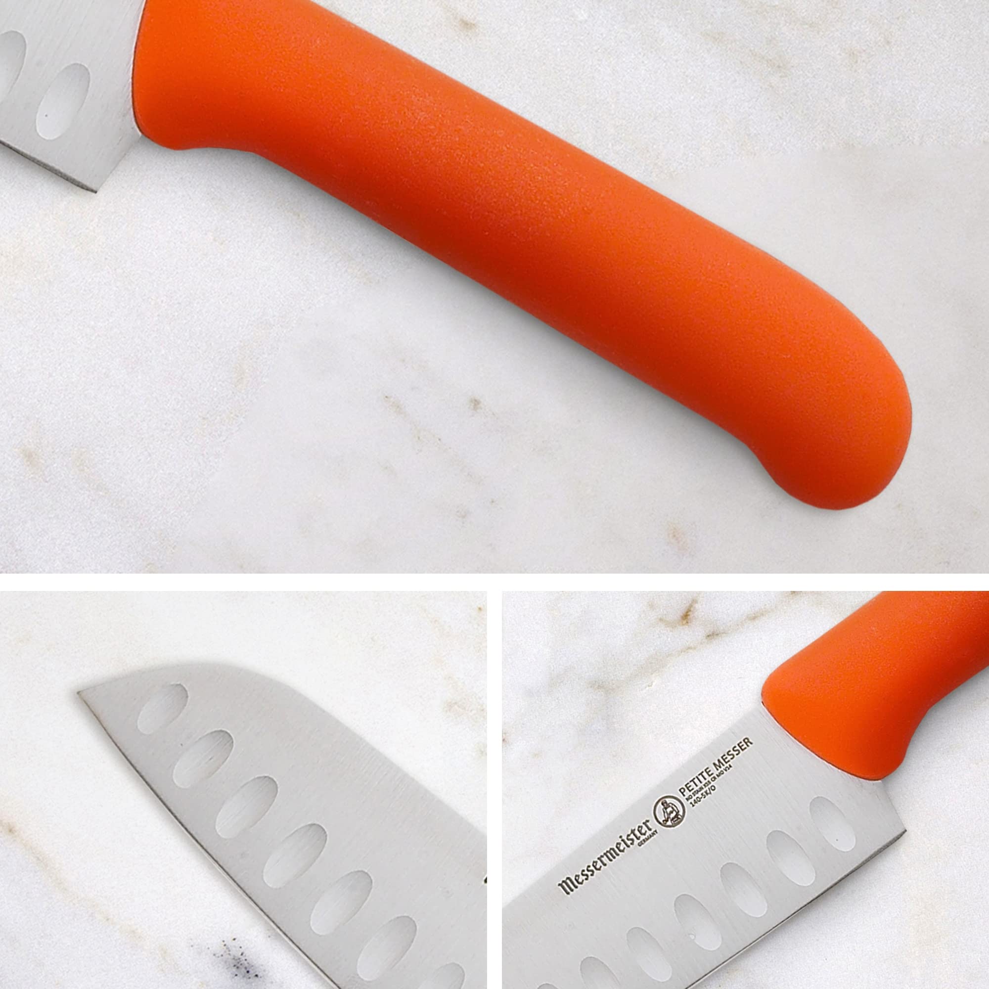 Messermeister Petite Messer 5” Kullenschliff Santoku Knife, Orange - German 1.4116 Stainless Steel & Ergonomic Handle - Lightweight, Rust Resistant & Easy to Maintain