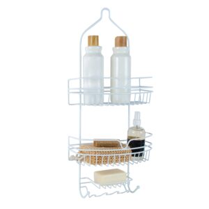 Bath Bliss Head Shower Caddy, 2 Large Baskets, Soap Dish Holder, 6 Accessory Hooks, Moisture & Rust Resistant, White