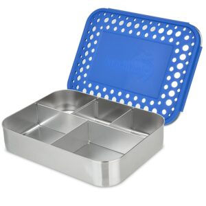 lunchbots large cinco stainless steel lunch container - five section design holds a variety of foods - metal bento box - dishwasher safe - stainless lid - blue dots