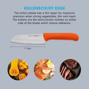 Messermeister Petite Messer 5” Kullenschliff Santoku Knife, Orange - German 1.4116 Stainless Steel & Ergonomic Handle - Lightweight, Rust Resistant & Easy to Maintain