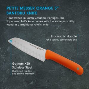 Messermeister Petite Messer 5” Kullenschliff Santoku Knife, Orange - German 1.4116 Stainless Steel & Ergonomic Handle - Lightweight, Rust Resistant & Easy to Maintain