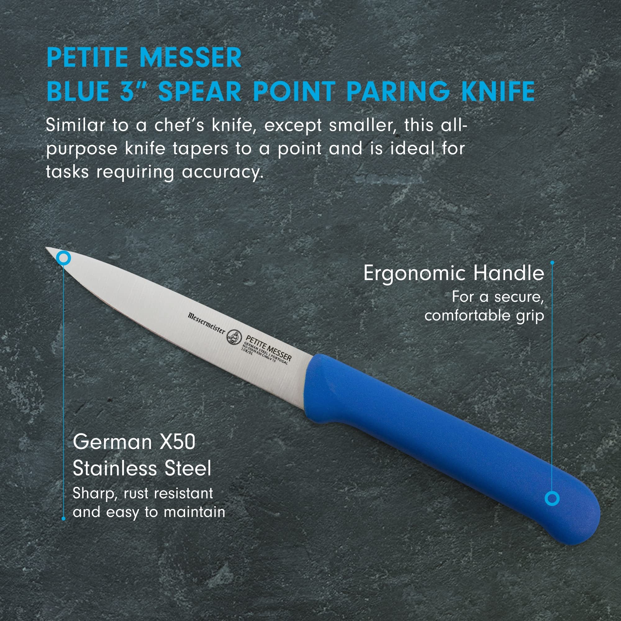 Messermeister Petite Messer 4” Spear Point Parer with Matching Sheath, Blue - German 1.4116 Stainless Steel & Ergonomic Handle - Lightweight, Rust Resistant & Easy to Maintain