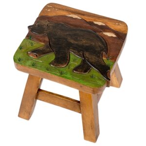 bear in mountains design hand carved acacia hardwood decorative short stool