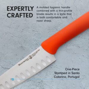 Messermeister Petite Messer 5” Kullenschliff Santoku Knife, Orange - German 1.4116 Stainless Steel & Ergonomic Handle - Lightweight, Rust Resistant & Easy to Maintain