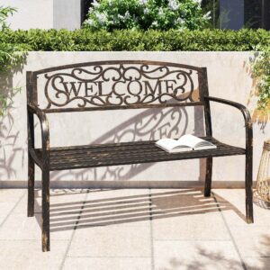 belleze outdoor garden bench, 50 inch cast iron metal loveseat chairs with armrests for park, yard, porch, lawn, balcony, backyard, antique patio seat furniture welcome design, brown