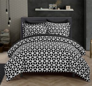 chic home black reversible bed in a bag duvet cover set, king size (3 piece), elizabeth - geometric diamond print design microfiber bedding with zipper closure - duvet & pillow shams