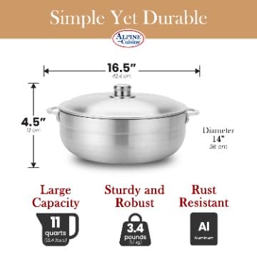 Alpine Cuisine 11-Quart Gourmet Aluminum Caldero Stock Pot, Cooking Dutch Oven Performance for Even Heat Distribution, Perfect for Serving Large & Small Groups, Riveted Handles, Commercial Grade