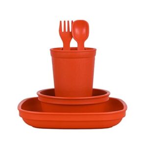 re-play made in usa toddler dinnerware set - 10 oz. open cup, 7" flat plate, 12 oz. bowl, rounded tip fork and deep scoop spoon - dishwasher/microwave safe plastic dinnerware set - red