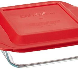 Pyrex Get Dinner Away Large Handle 8" x 8" Square Dish. Making it Easy to Monitor Casserole Cooking and Brownie Baking from a, 4, Red 8"