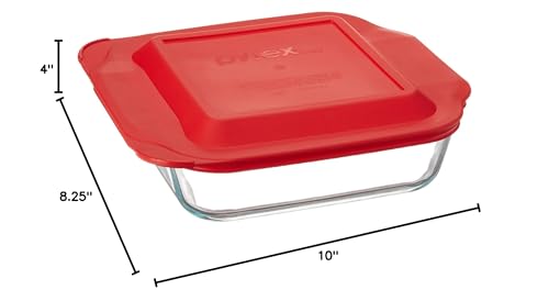 Pyrex Get Dinner Away Large Handle 8" x 8" Square Dish. Making it Easy to Monitor Casserole Cooking and Brownie Baking from a, 4, Red 8"