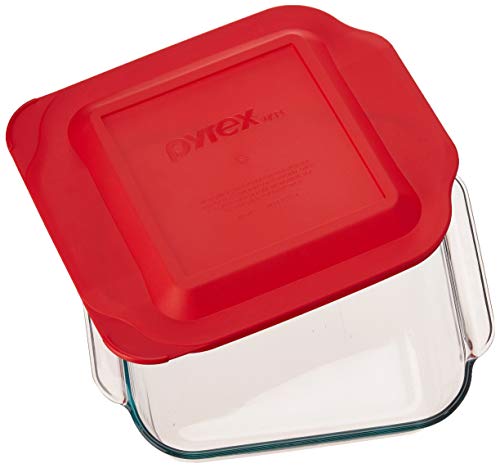 Pyrex Get Dinner Away Large Handle 8" x 8" Square Dish. Making it Easy to Monitor Casserole Cooking and Brownie Baking from a, 4, Red 8"