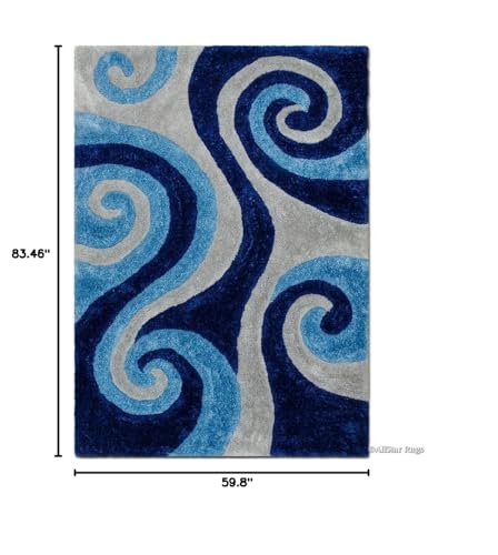 Allstar 5x7 Blue Modern and Contemporary Hand Carved Rectangular Shag Accent Rug with Grey and Cobalt Abstract Swirl Design (4' 11" x 6' 11")