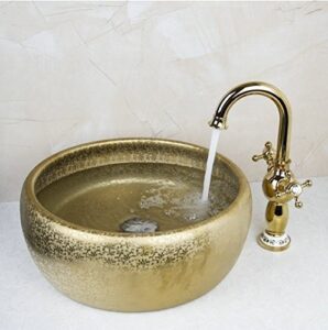 gowe polished golden kitchen swivel tap+bathroom sink washbasin ceramice lavatory bath sink set torneira tap mixer faucet