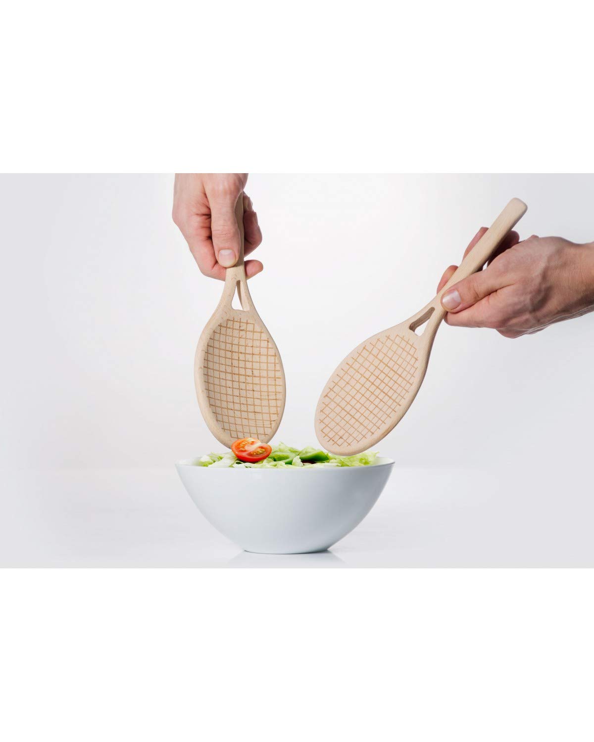 Suck UK Wooden Salad Servers Tennis Racket Shaped Serving Spoons Kitchen Utensils Set Of 2 Kitchen Gifts & Novelty Gifts For Tennis Lovers Wooden Spoons For Cooking Or Serving Salad Tongs