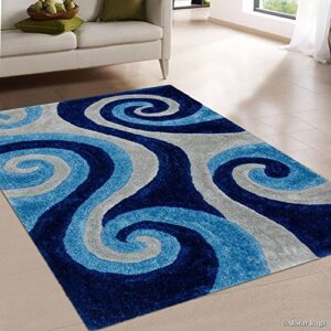 allstar 5x7 blue modern and contemporary hand carved rectangular shag accent rug with grey and cobalt abstract swirl design (4' 11" x 6' 11")