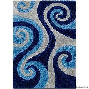 Allstar 5x7 Blue Modern and Contemporary Hand Carved Rectangular Shag Accent Rug with Grey and Cobalt Abstract Swirl Design (4' 11" x 6' 11")