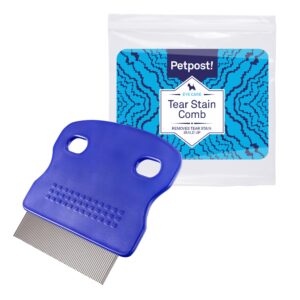 petpost | tear stain remover comb for dogs - extra fine tooth rake gently & effectively gets rid of crust, mucus, and gunk around your shih tsu or maltese blue