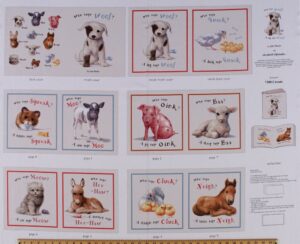 35" x 44" panel animal friends "who says woof?" baby animal sounds barnyard sounds soft book cotton fabric panel (7300cream)