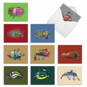 the best card company 10 assorted thank you notecards bulk box set 4 x 5.12 inch with envelopes (10 designs, 1 each) off the hook m6543tyg