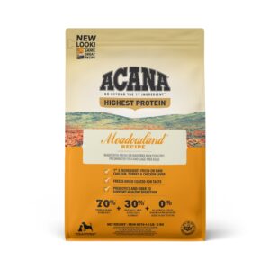 acana highest protein dry dog food, meadowland, chicken and turkey recipe, 4.5lb