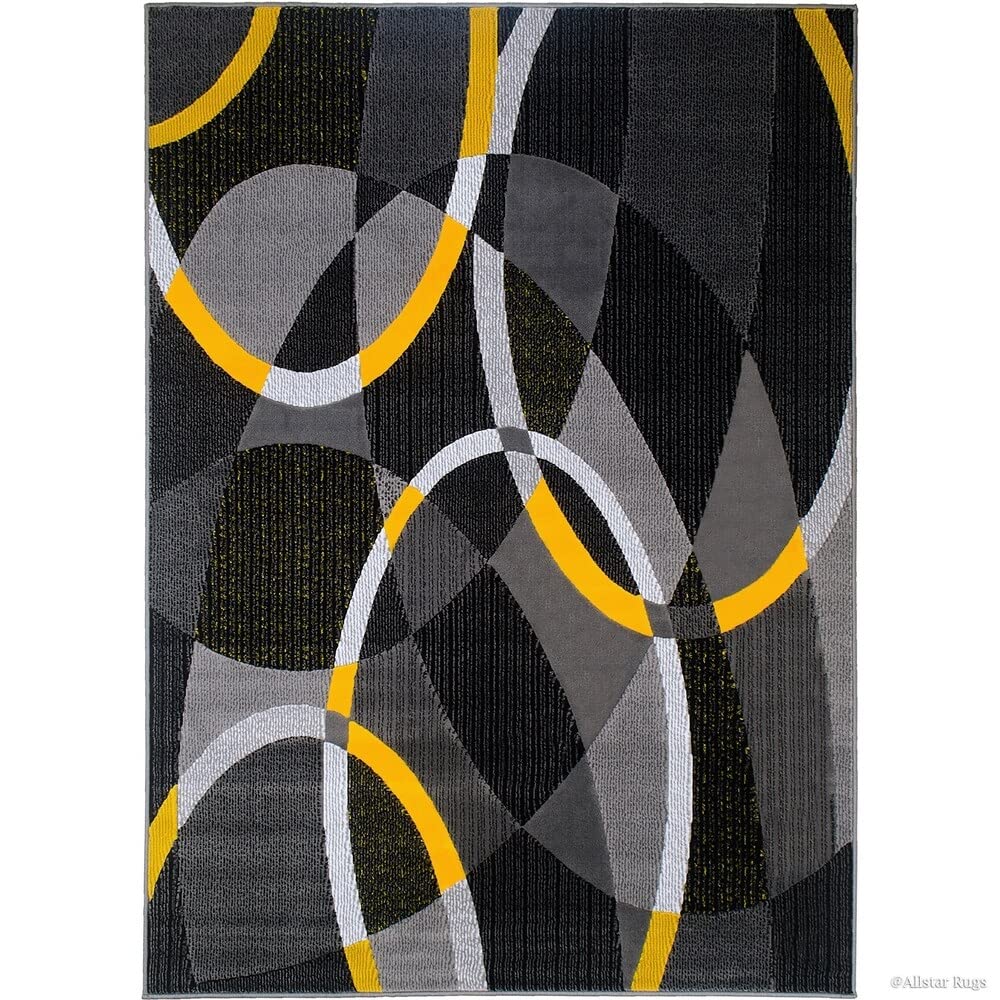 Allstar 8x10 Charcoal Grey and Grey Modern and Contemporary Rectangular Accent Rug with Yellow and Gainsboro Grey Intersecting Ring Design (7' 9" x 9' 8")