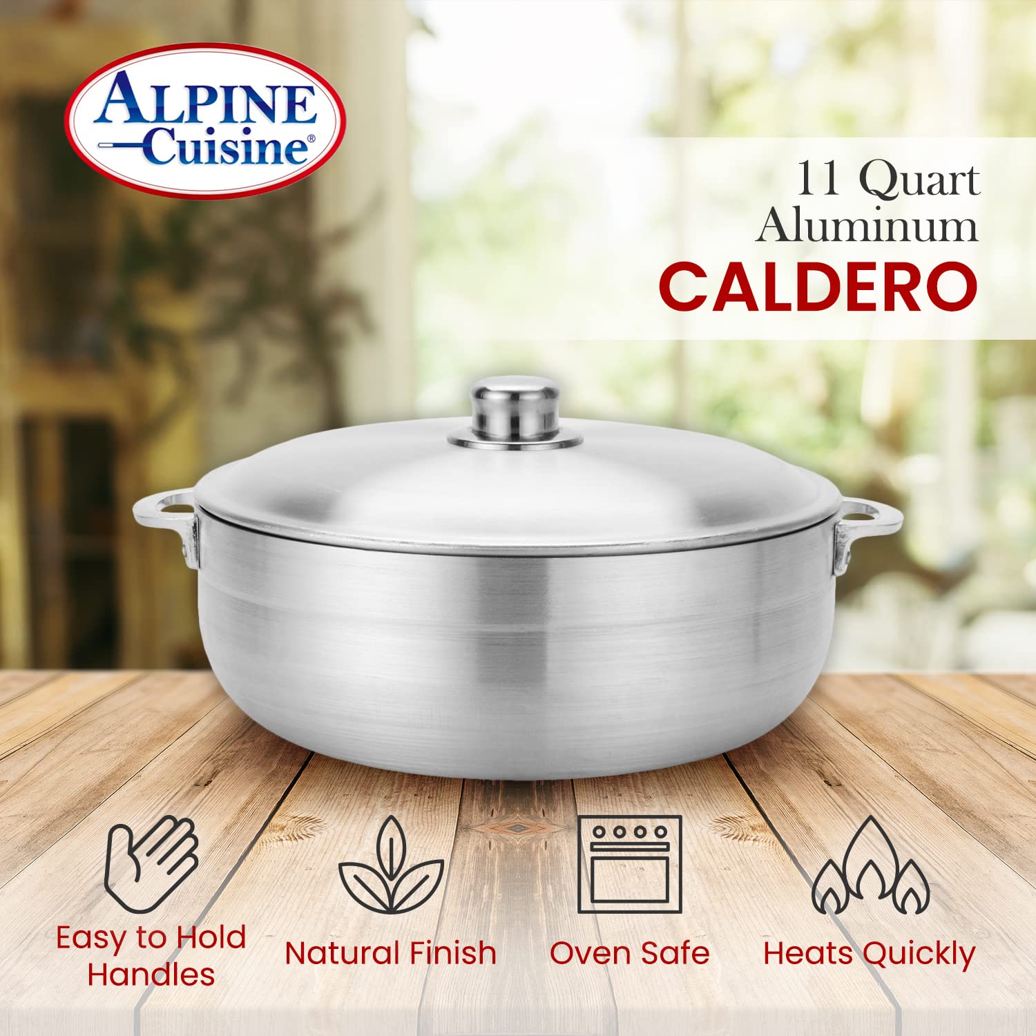 Alpine Cuisine 11-Quart Gourmet Aluminum Caldero Stock Pot, Cooking Dutch Oven Performance for Even Heat Distribution, Perfect for Serving Large & Small Groups, Riveted Handles, Commercial Grade