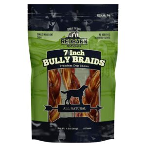 redbarn 7" braided bully sticks for dogs. natural, grain-free, highly palatable, long-lasting dental chews sourced from free-range, grass-fed cattle, 3-count (pack of 2)