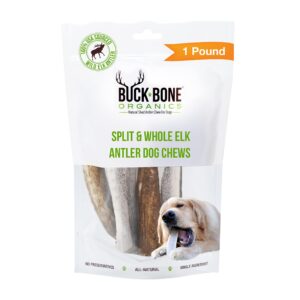 buck bone organics dog chews, elk antlers for dogs, long lasting dog bones for aggressive chewers, all natural, no preservatives, wild shed in the usa (1 pound bag)