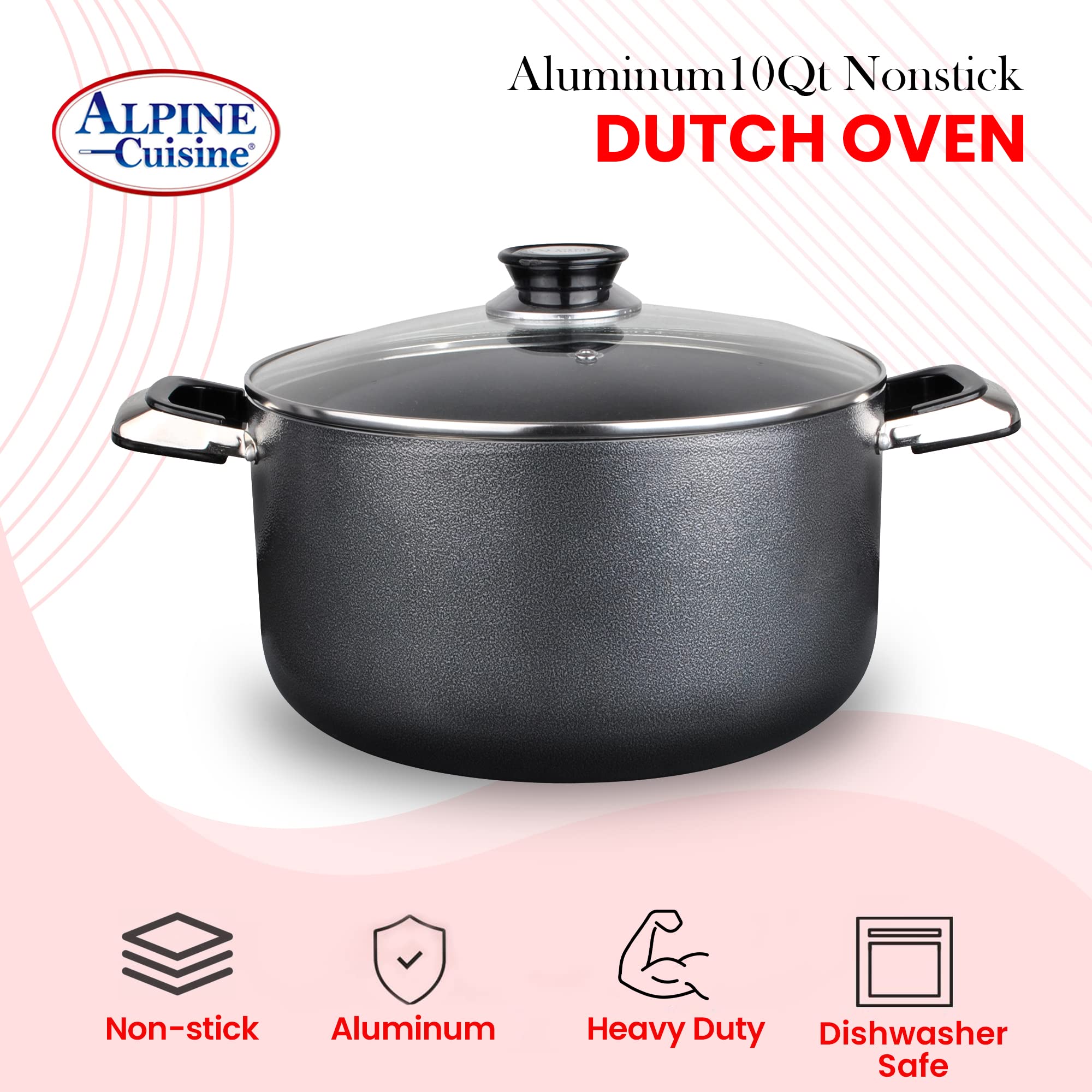 Alpine Cuisine 10 Quart Non-stick Stock Pot with Tempered Glass Lid and Carrying Handles, Multi-Purpose Cookware Aluminum Dutch Oven for Braising, Boiling, Stewing