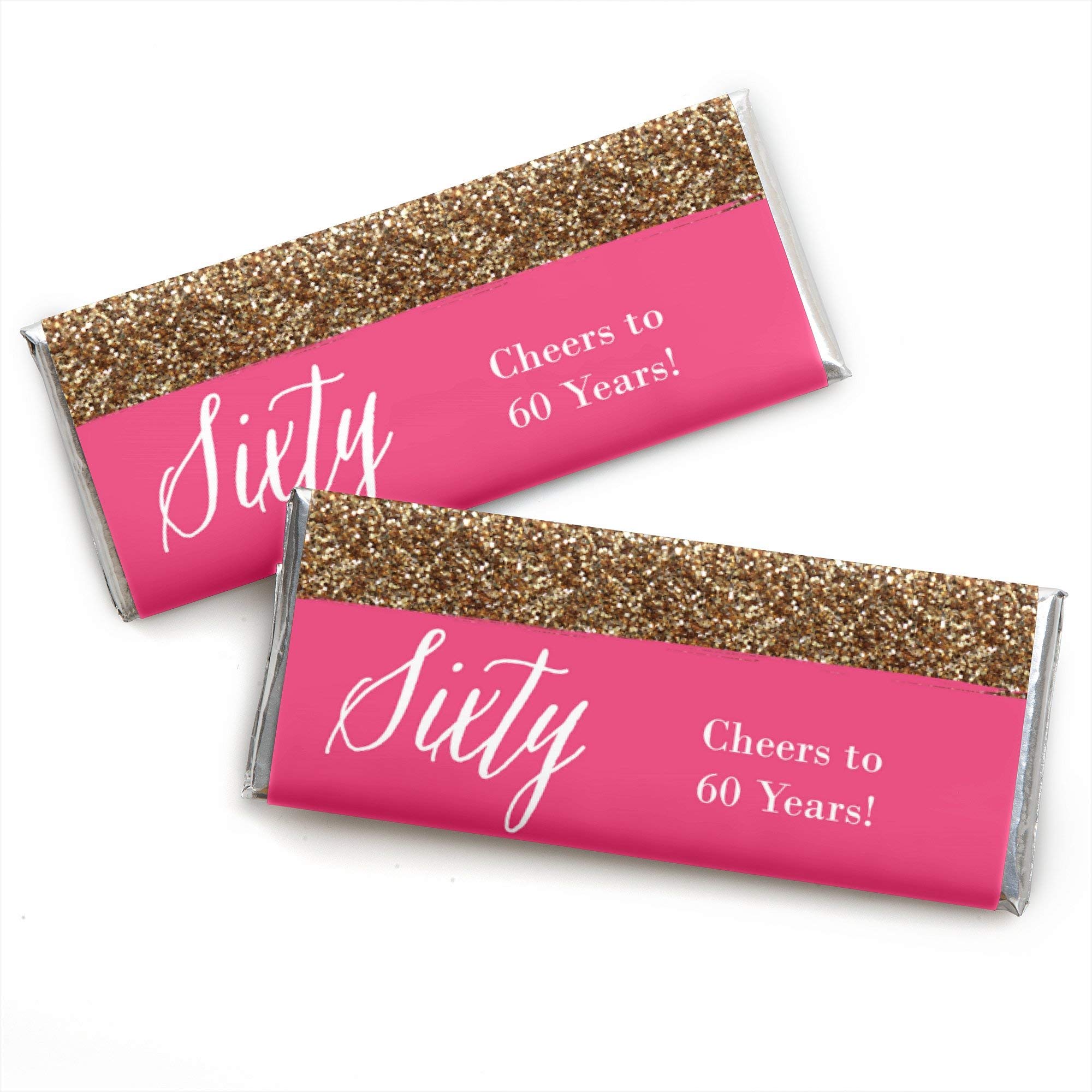 Big Dot of Happiness Chic 60th Birthday - Pink and Gold - Candy Bar Wrappers Birthday Party Favors - Set of 24