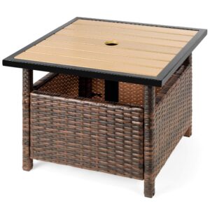 best choice products wicker side table with umbrella hole, square pe rattan outdoor end table for patio, garden, poolside, deck w/uv-resistant frame, storage space - brown