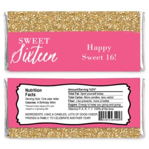 Big Dot of Happiness Chic 16th Birthday - Pink and Gold - Candy Bar Wrappers Birthday Party Favors - Set of 24