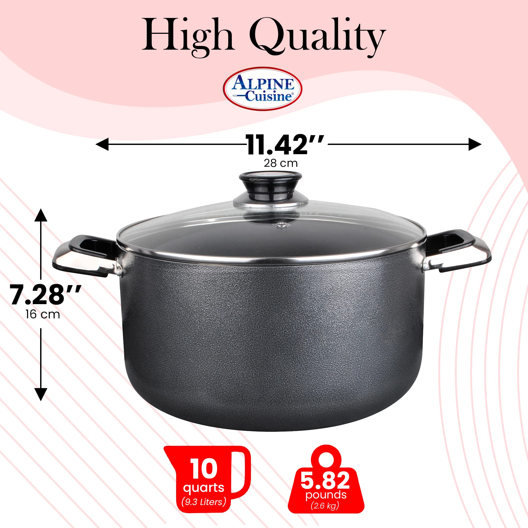 Alpine Cuisine 10 Quart Non-stick Stock Pot with Tempered Glass Lid and Carrying Handles, Multi-Purpose Cookware Aluminum Dutch Oven for Braising, Boiling, Stewing