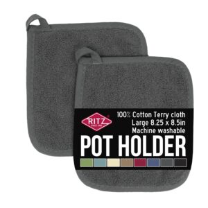 ritz terry 100% cotton potholders - heat resistant, ergonomic grip, machine washable - graphite, 2-pack