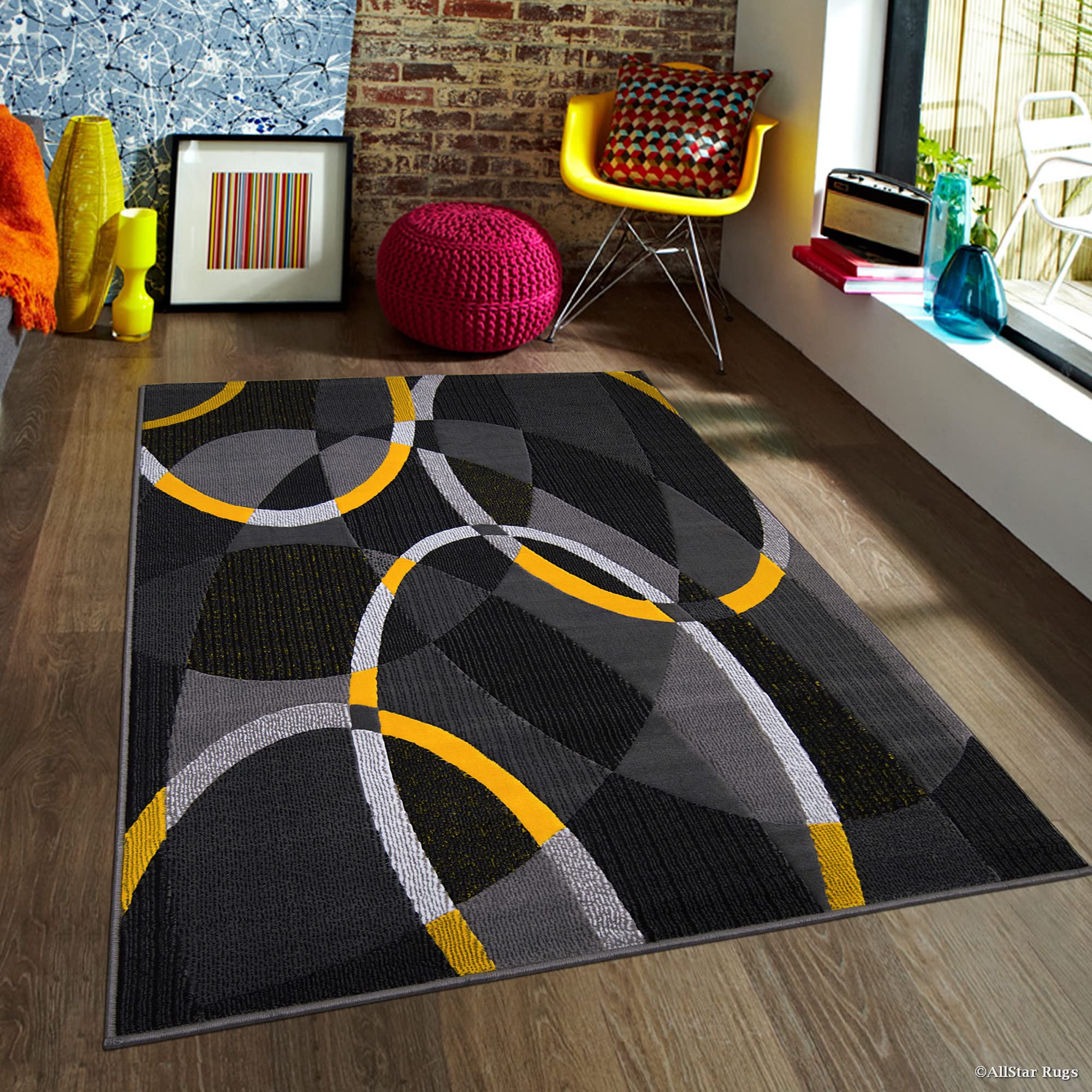 Allstar 8x10 Charcoal Grey and Grey Modern and Contemporary Rectangular Accent Rug with Yellow and Gainsboro Grey Intersecting Ring Design (7' 9" x 9' 8")