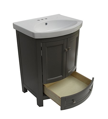 RUNFINE RFVA0069G 24 inch Wide All Wood Modern Gray Vanity with vitreous China top, 2 Doors and 1 Slow Close Arch Drawer