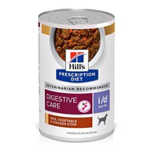 hill's prescription diet i/d low fat digestive care rice, vegetable & chicken stew wet dog food, veterinary diet, 12.5 ounce cans (pack of 12)