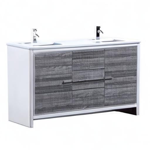 KubeBath Dolce 60″ Double Sink Ash Gray Modern Bathroom Vanity with White Quartz Counter-Top