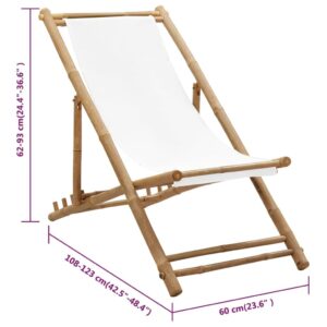 vidaXL Patio Deck Chair - Bamboo & Canvas Sling Chair, Adjustable Lounge for Balcony/Deck/Porch, White Canvas