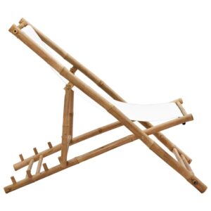 vidaXL Patio Deck Chair - Bamboo & Canvas Sling Chair, Adjustable Lounge for Balcony/Deck/Porch, White Canvas