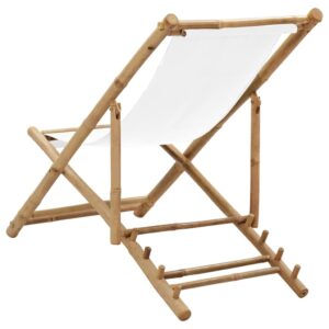 vidaXL Patio Deck Chair - Bamboo & Canvas Sling Chair, Adjustable Lounge for Balcony/Deck/Porch, White Canvas