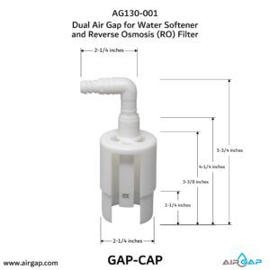 Dual Air Gap for Water Softener and Reverse Osmosis with 5/8 or 1/2-inch and 3/8 or 1/4-inch inlets, 1-1/2 or 2-inch Standpipe (8500, GAP-CAP, AG130-001)