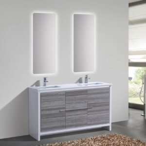 KubeBath Dolce 60″ Double Sink Ash Gray Modern Bathroom Vanity with White Quartz Counter-Top