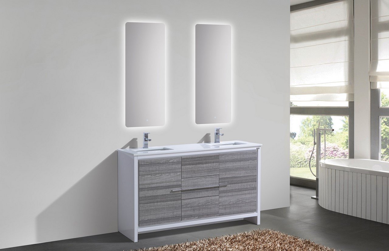 KubeBath Dolce 60″ Double Sink Ash Gray Modern Bathroom Vanity with White Quartz Counter-Top